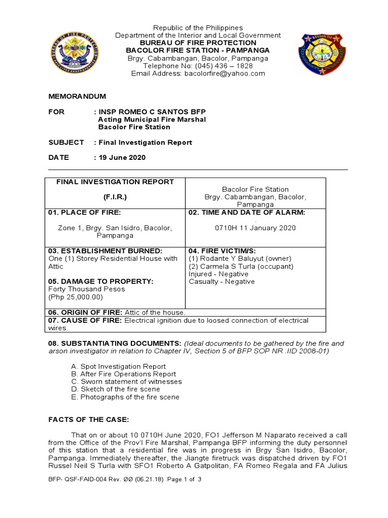 Arson Investigator in Relation To Chapter IV, Section 5 of BFP SOP NR ...
