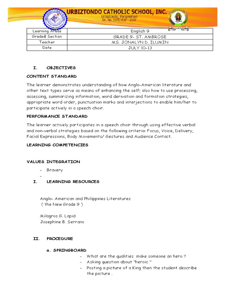 English 9 Lesson Plan Arthur | PDF | Vocabulary | English Language