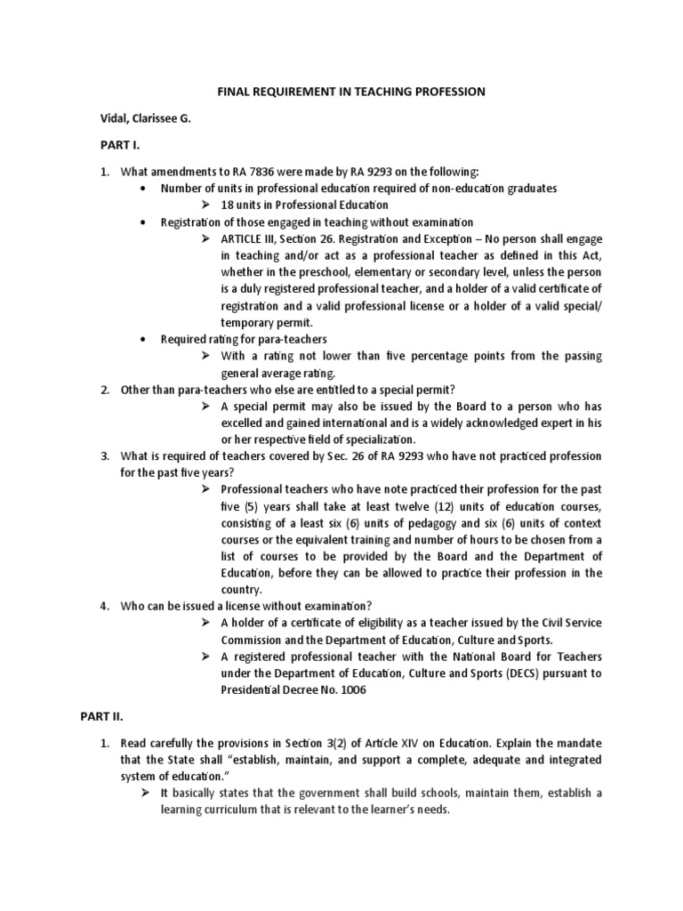 What Amendments To RA 7836 Were Made by RA 9293 On The Following | PDF ...