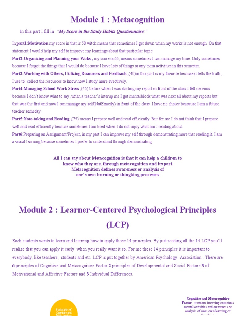 Module 1: Metacognition: 6 Principles of | PDF | Cognitive Development | Id