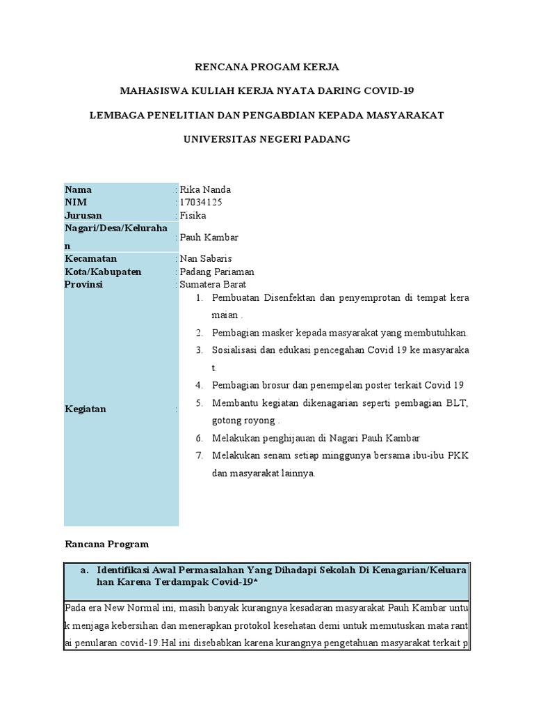Rancangan Program Kerja KKN Rika Nanda | PDF | Seni | Sains & Matematika