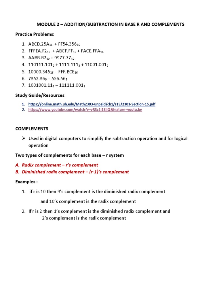 Module 2 - Addition-Subtraction and Complements PDF | Download Free PDF ...