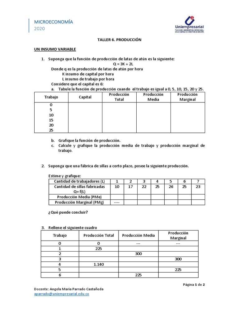 Taller 6 Función De Producción Pdf Producción Y Fabricación