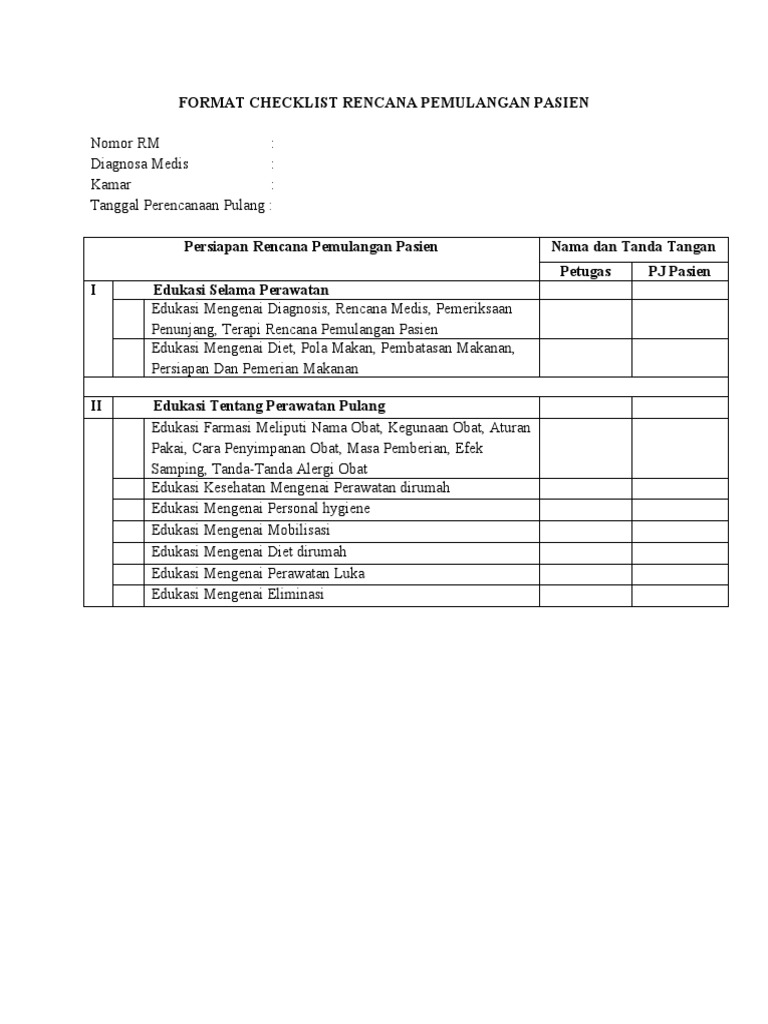 Format Checklist Rencana Pemulangan Pasien | PDF