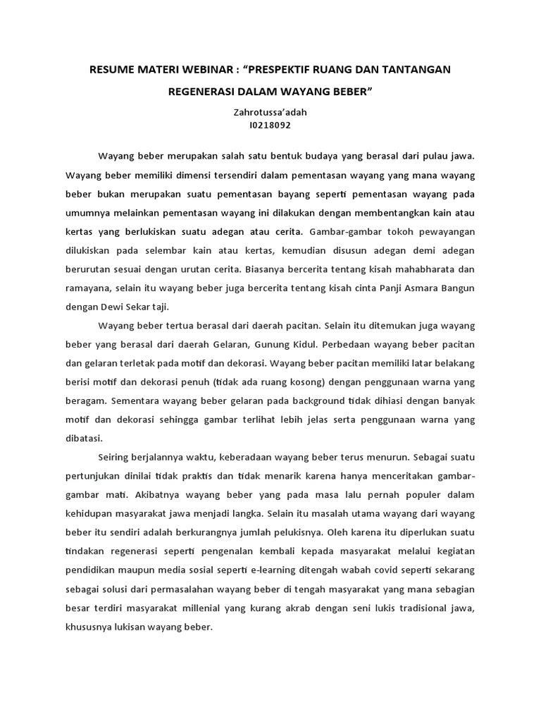 RESUME MATERI WEBINAR - PRESPEKTIF RUANG DAN TANTANGAN REGENERASI DALAM WAYANG BEBER Zahrotussa ...