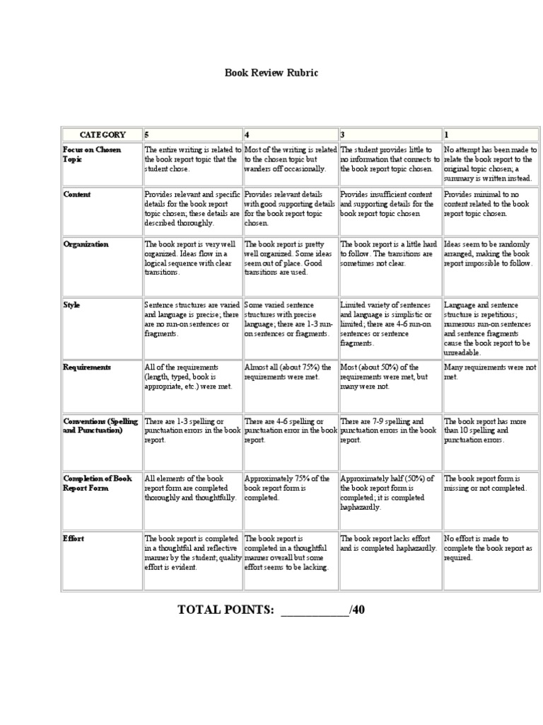 Book Review Rubric: TOTAL POINTS: - /40 | PDF | Books | Linguistics