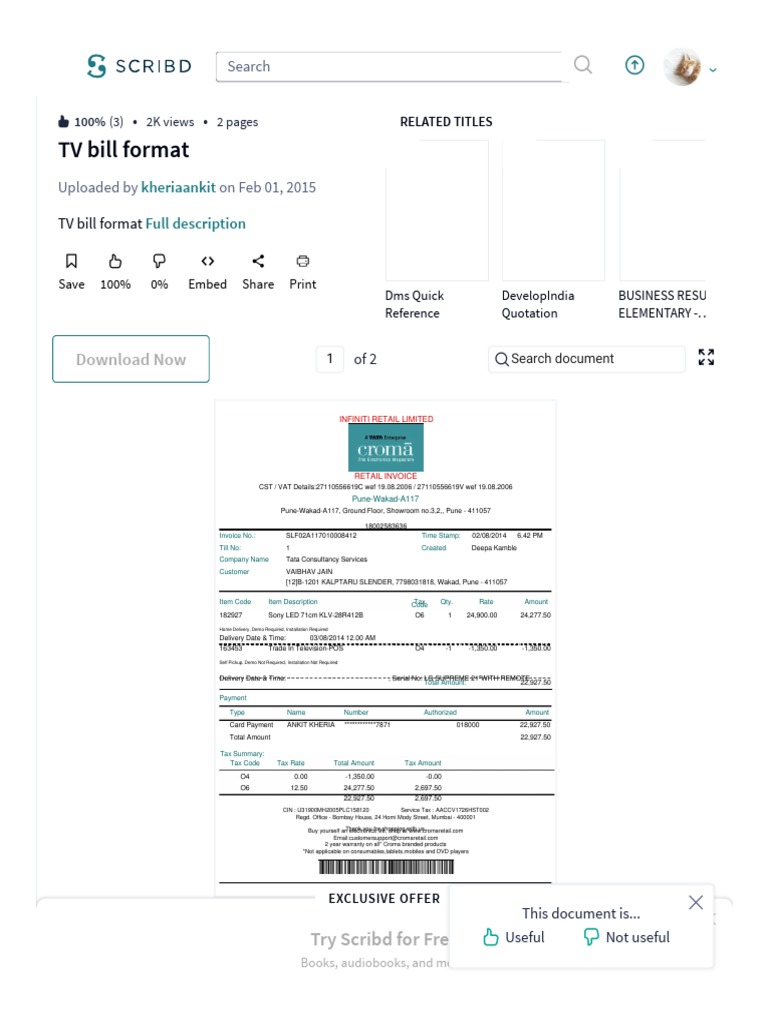 TV Bill Format - Invoice - Computing | Download Free PDF | Scribd | Receipt