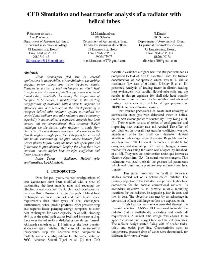 CFD Simulation and Heat Transfer Analysis of A Radiator With Helical ...