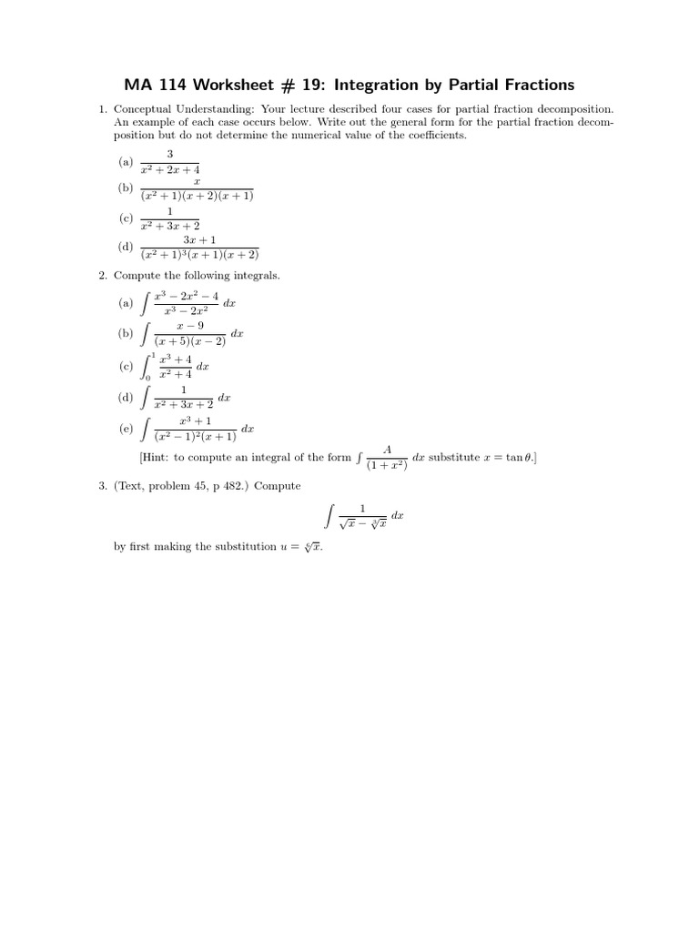 MA 114 Worksheet # 19: Integration by Partial Fractions | PDF ...