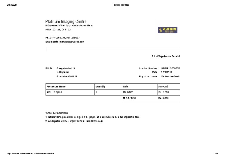 Platinum Imaging Centre: Bill To Invoice Number Date Physician Name | PDF