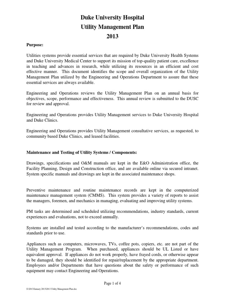 Duke Hospital Utility Management Plan | PDF | Hospital | Emergency