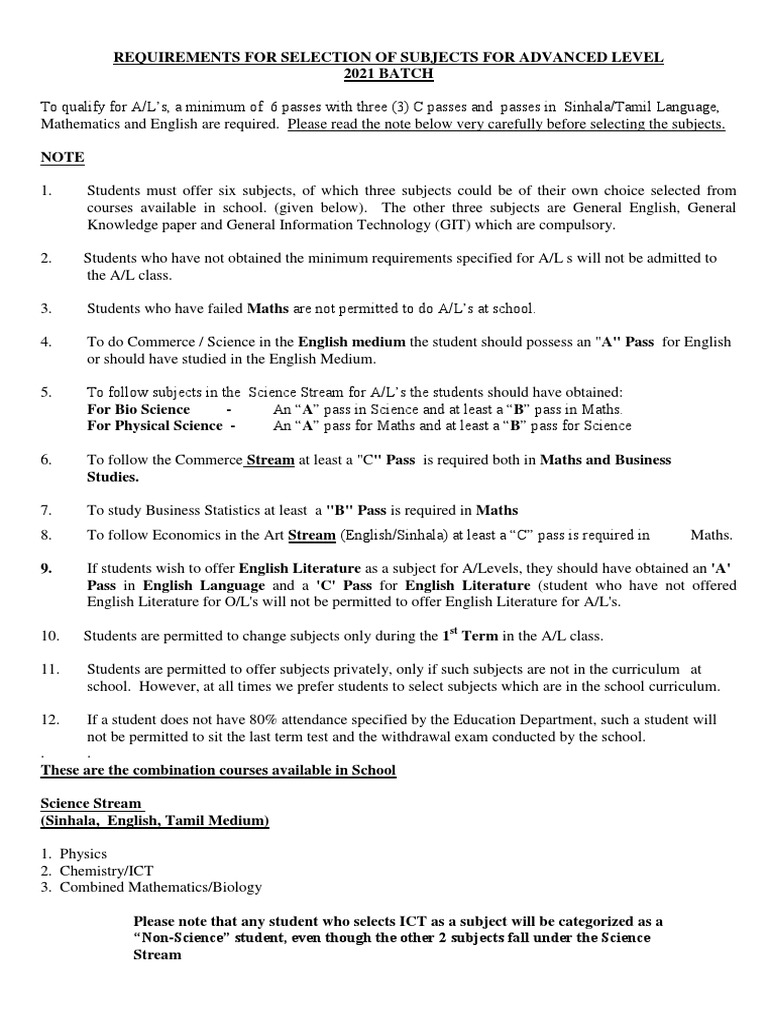 Requirements For Selection of Subjects For Advanced Level 2021 ...