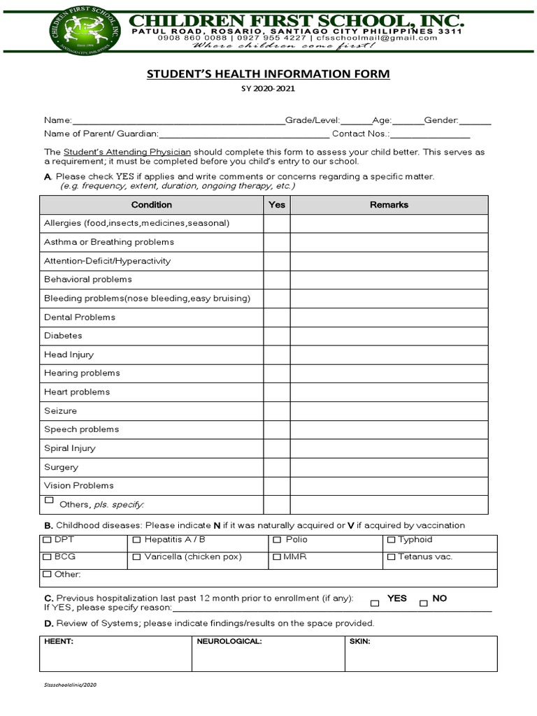 Student'S Health Information Form: (E.g. Frequency, Extent, Duration ...