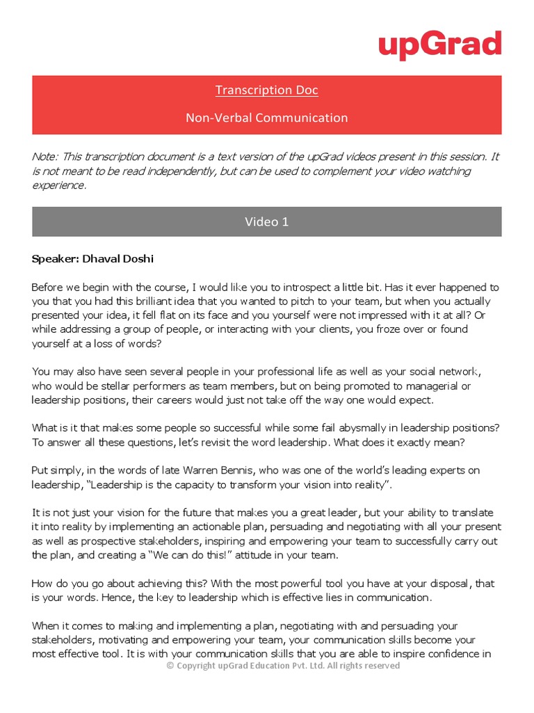 Transcription Doc Non-Verbal Communication: Speaker: Dhaval Doshi | PDF ...