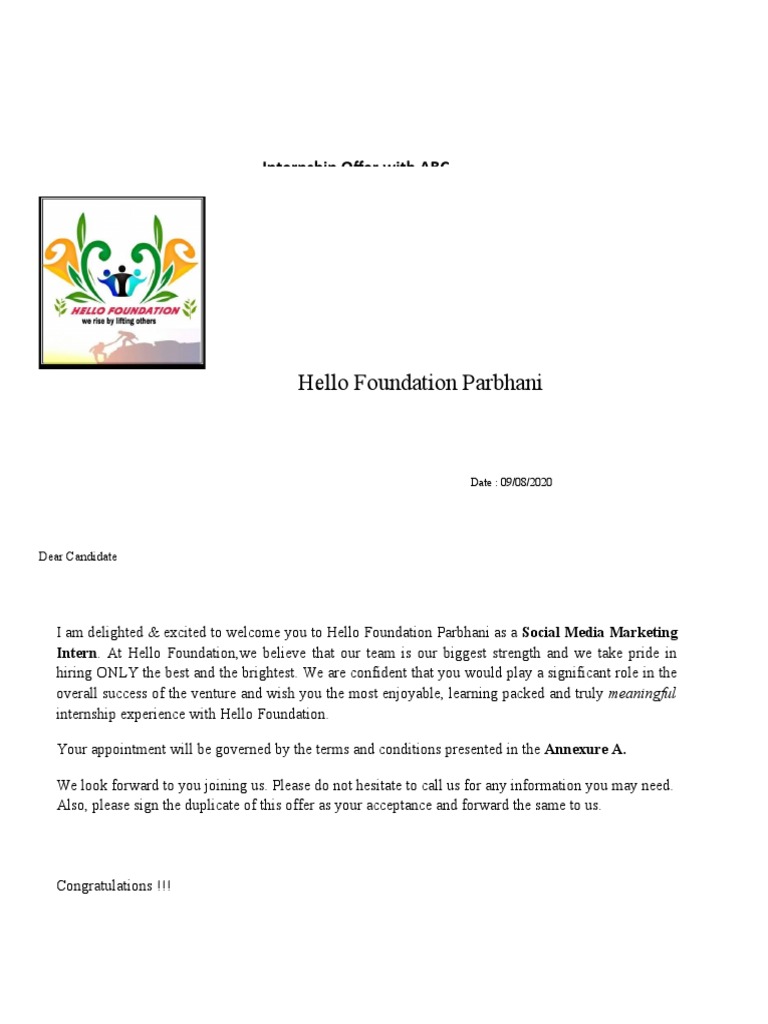 Hello Foundation Offer - Letter | PDF | Mentorship | Privacy