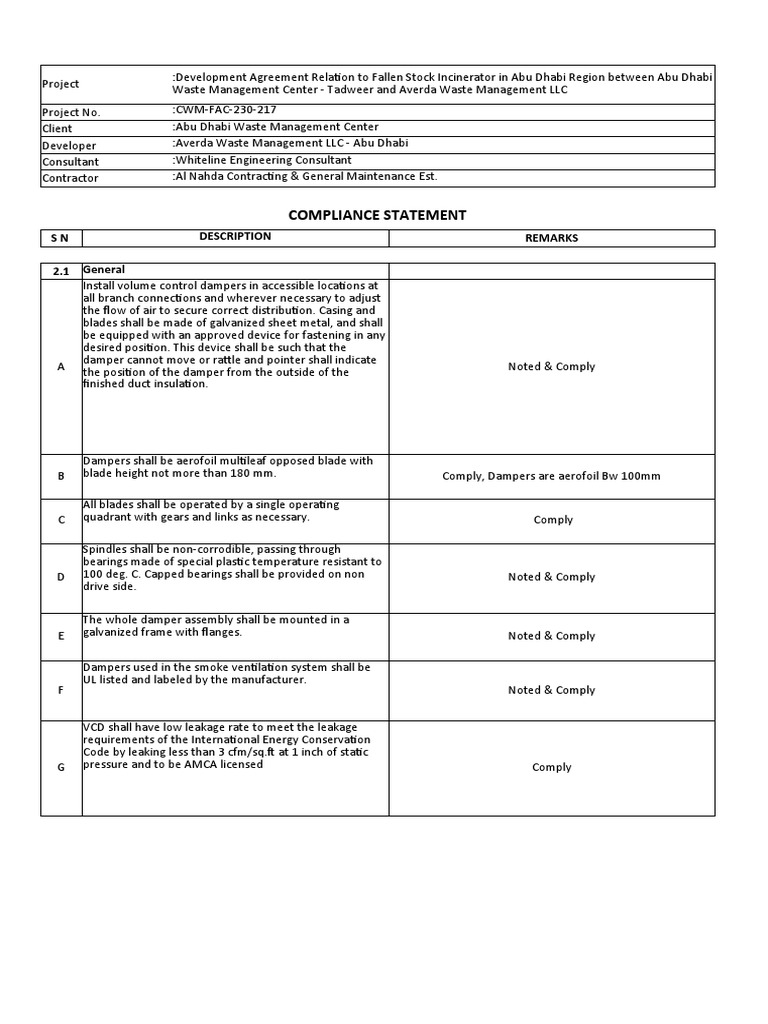 Compliance Statement: SN Description Remarks 2.1 General | PDF | Duct ...