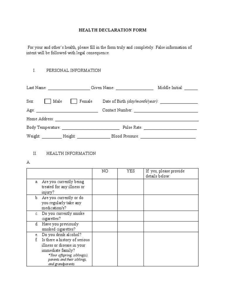 Health Declaration Form: Your Offspring, Sibling(s) | PDF | Physical ...