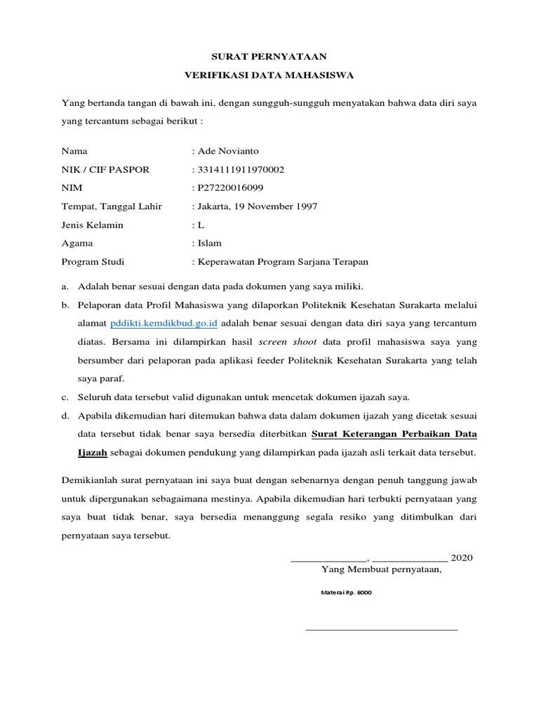 Surat Pernyataan Verifikasi Data Mahasiswa: Pddikti - Kemdikbud.go - Id ...