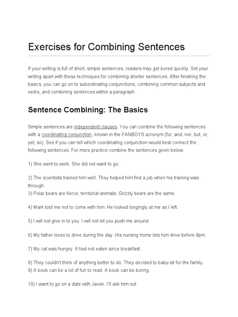 Exercises For Combining Sentences | PDF | Language Arts & Discipline