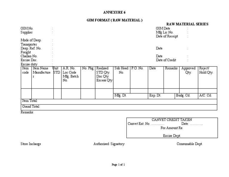 Annexure 6 Gim Format (Raw Material) Raw Material Series: Page 1 of 1 | PDF