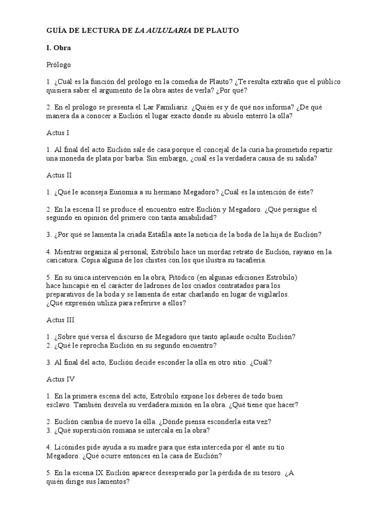 Aulularia, Plauto - Cuestionario | PDF
