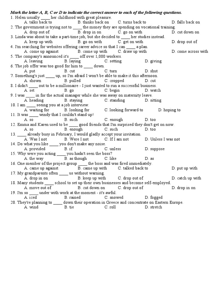 Mark The Letter A, B, C or D To Indicate The Correct Answer To Each of The Following Questions | PDF