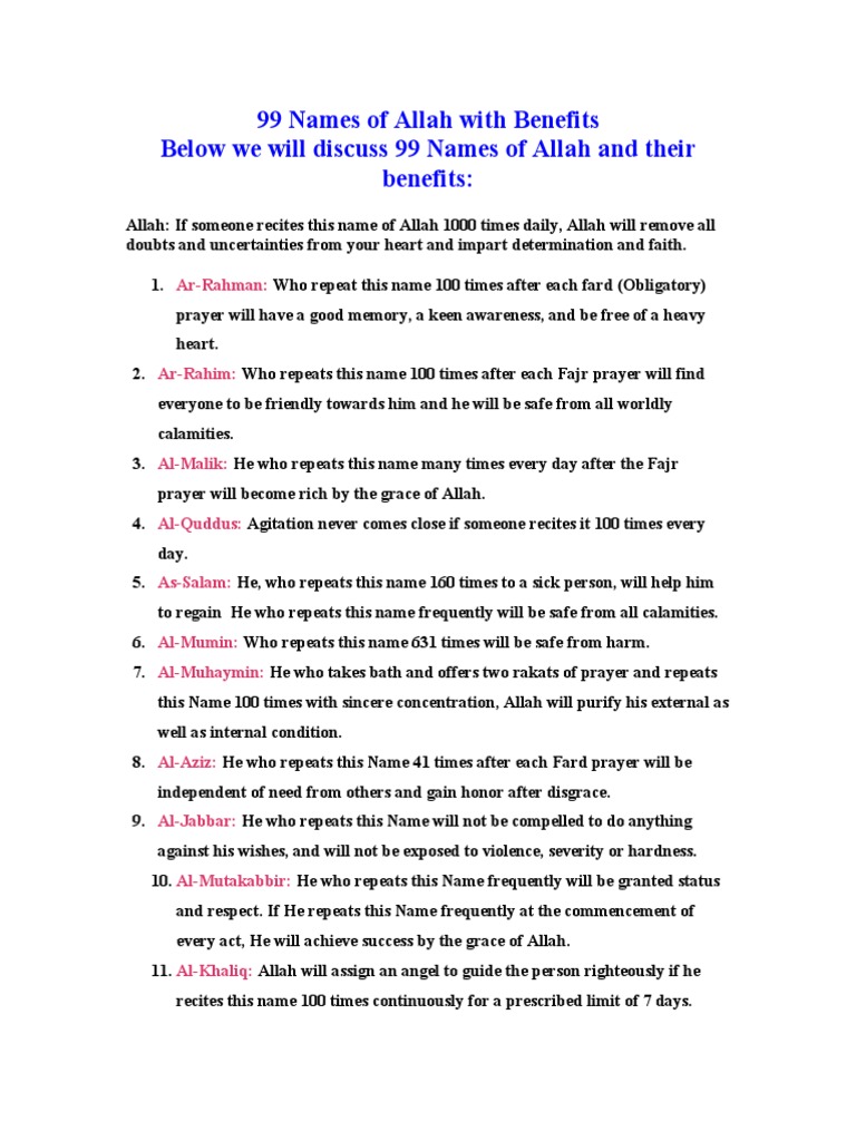 99 Names of Allah With Benefits | Download Free PDF | Religious ...