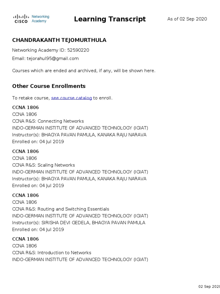 NetAcad Learning Transcript | PDF