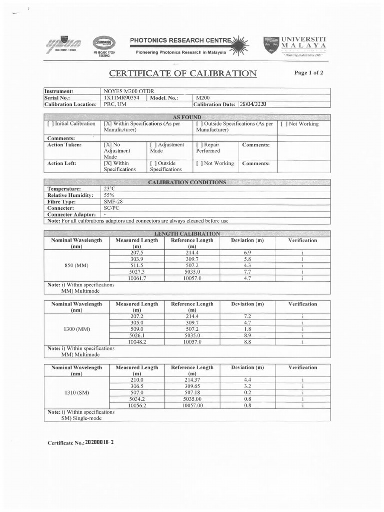 Calibration OTDR Certificate (28042020) | PDF