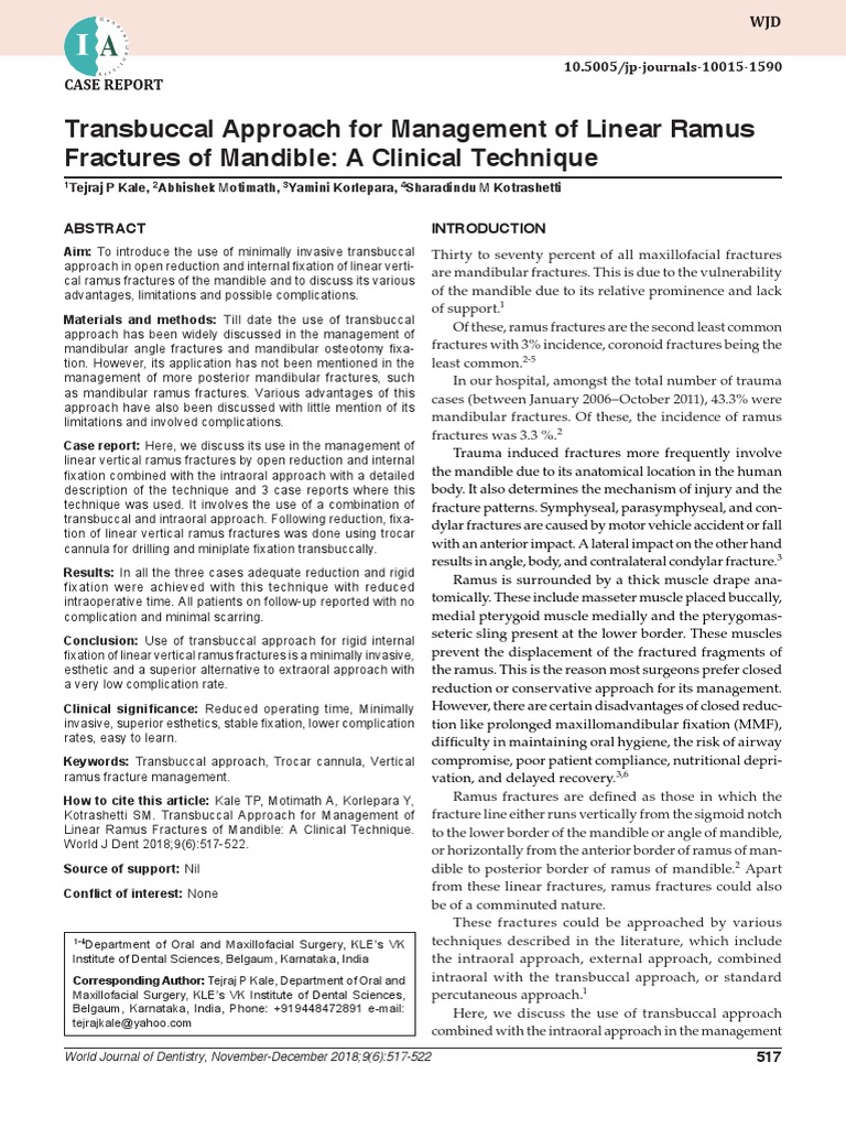 Transbuccal Approach for Management of Ramus Fractures | PDF | Medical ...