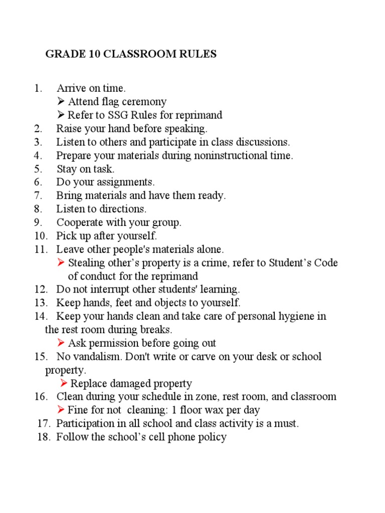 Grade 10 Classroom Rules