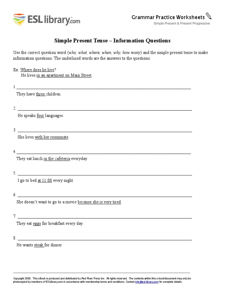 Simple Present Tense - Information Questions: Grammar Practice ...