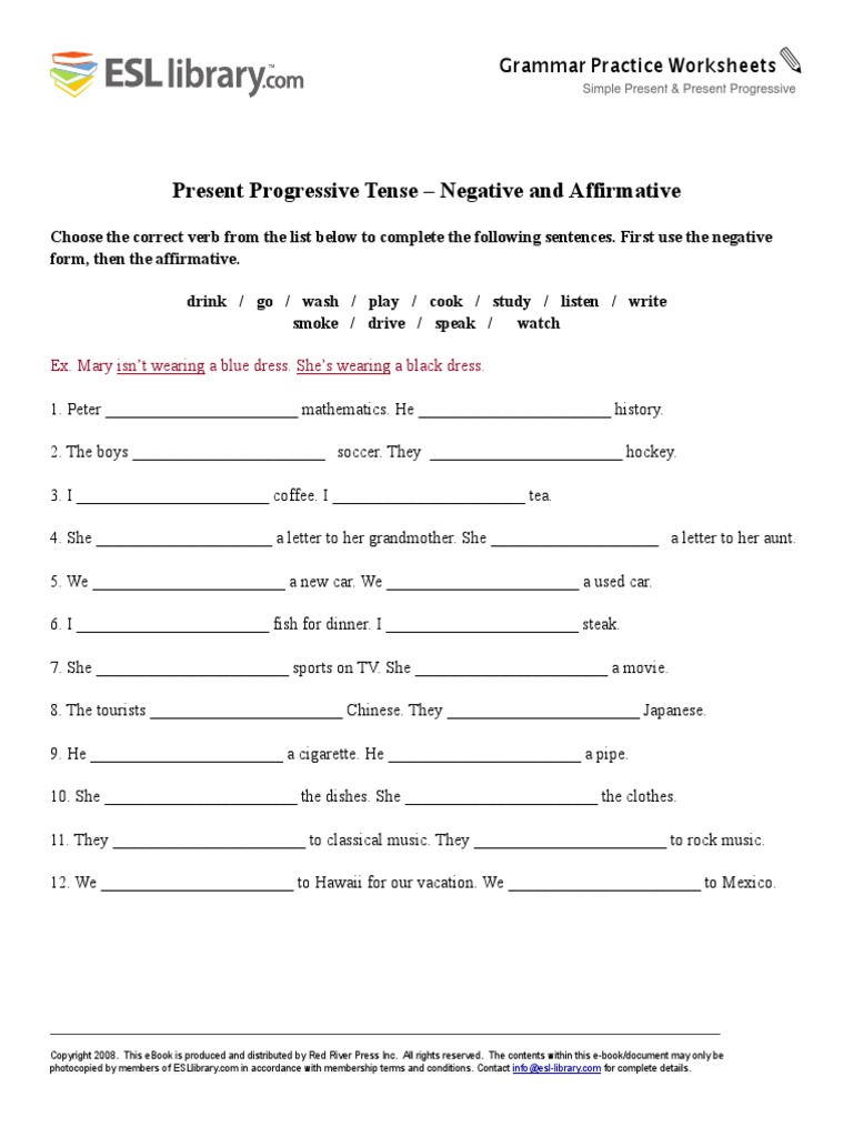 Present Progressive Tense - Negative and Affirmative: Grammar Practice ...