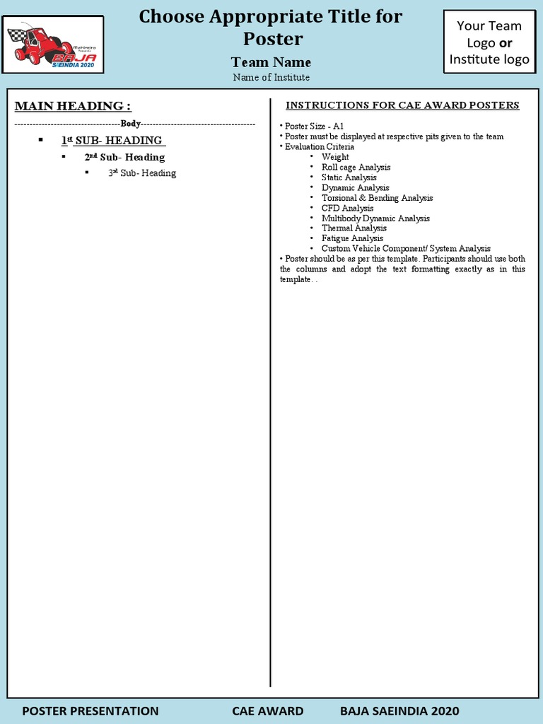 BAJA SAEINDIA 2020 - CAE Award Poster Format | PDF | Mechanical Engineering