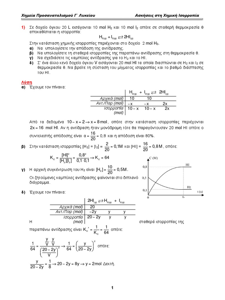 15 ασκήσεις χημικής ισορροπίας με λύσεις | PDF