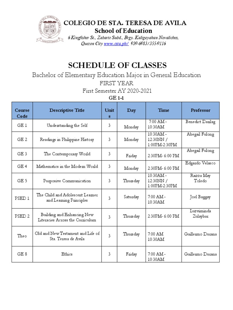 Colegio de Sta. Teresa de Avila class schedules | PDF | Learning | Cognition