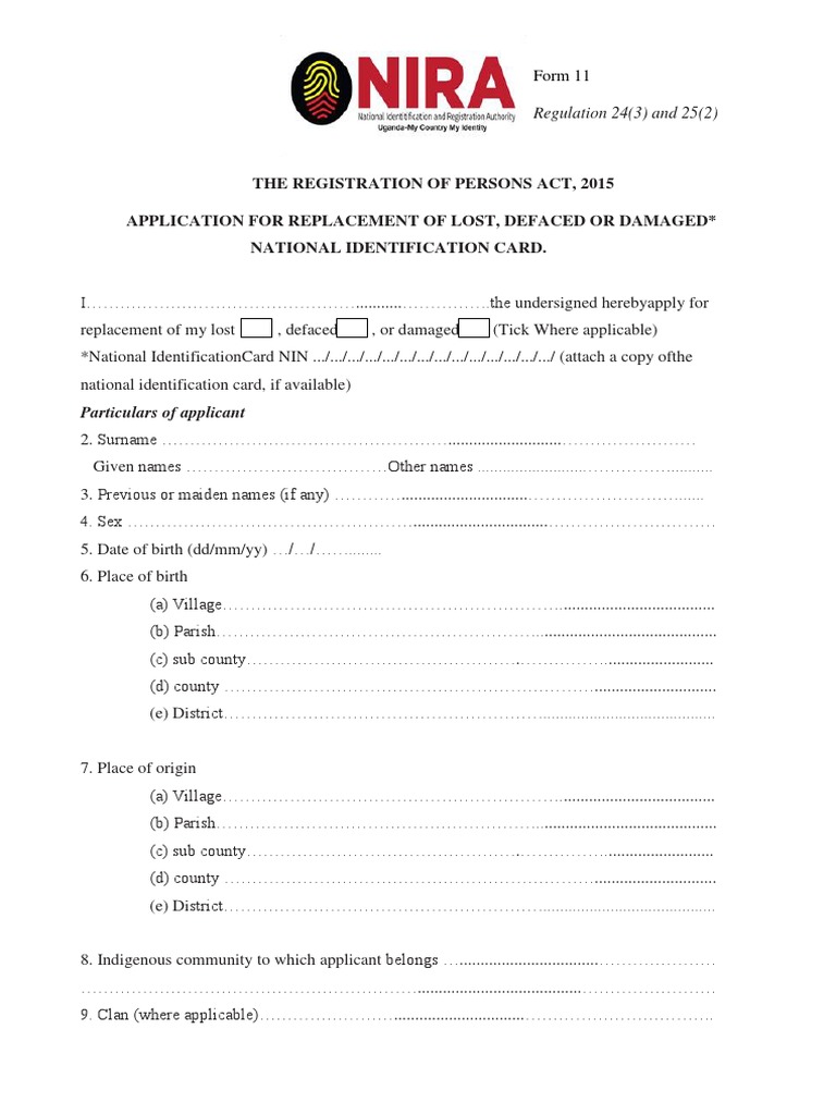 FORM11 Application For Replacement of Lost Defaced or Damaged National ...