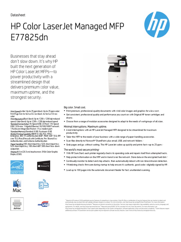 HP Color Laserjet Managed MFP E77825Dn: Datasheet | PDF | Image Scanner ...