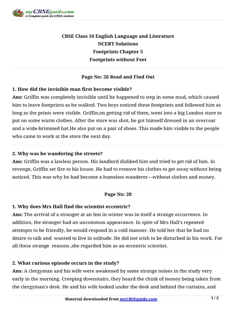 CBSE Class 10 English: Footprints Analysis | PDF | The Invisible Man ...