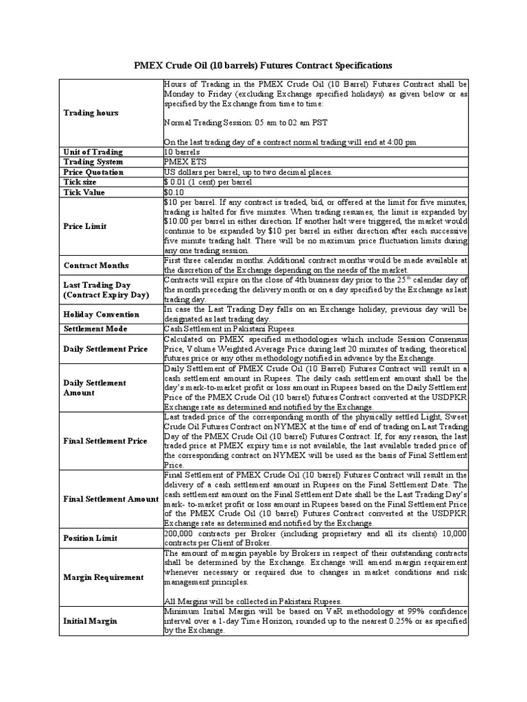 PMEX Crude Oil (10 Barrels) Futures Contract Specifications | PDF | Barrel (Unit) | Futures Contract