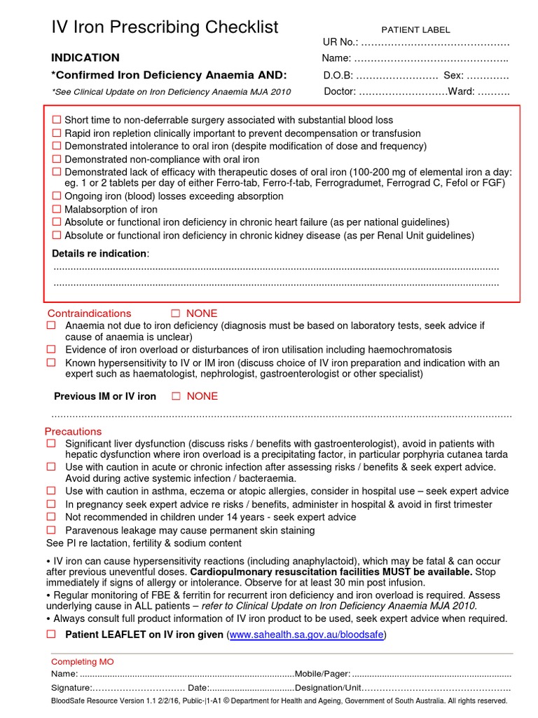 FINAL IV Iron Prescribing Checklist March 2015 (2) - 2-2 | PDF | Anemia ...
