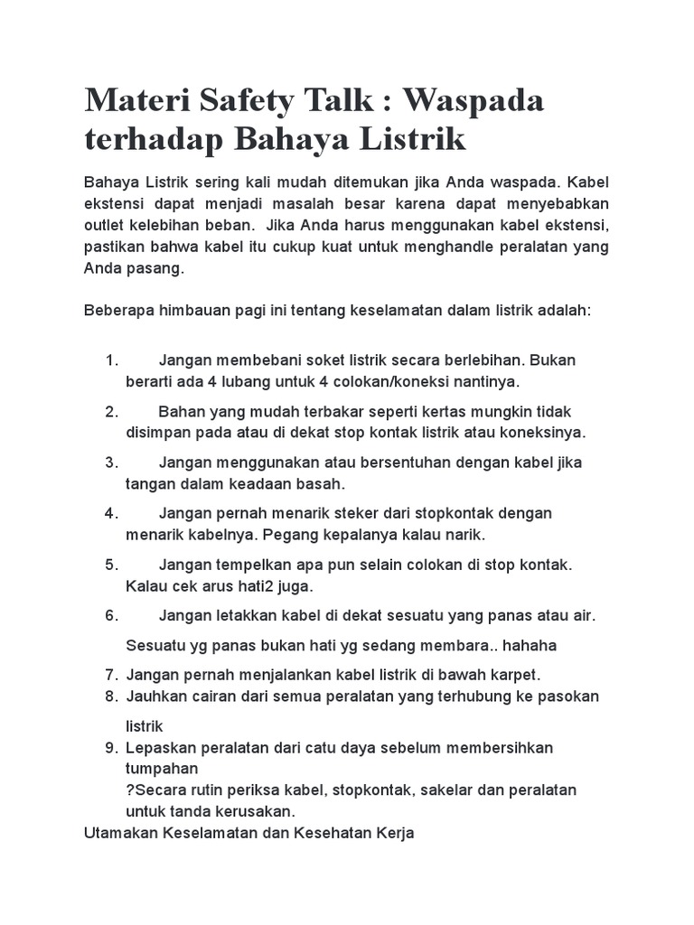 Materi Safety Talk | PDF | Griya & Taman