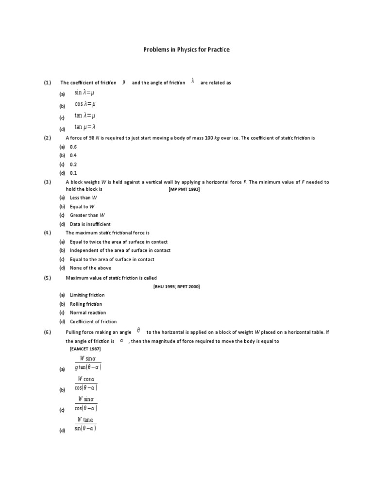 Problems in Physics For Practice | PDF | Friction | Force
