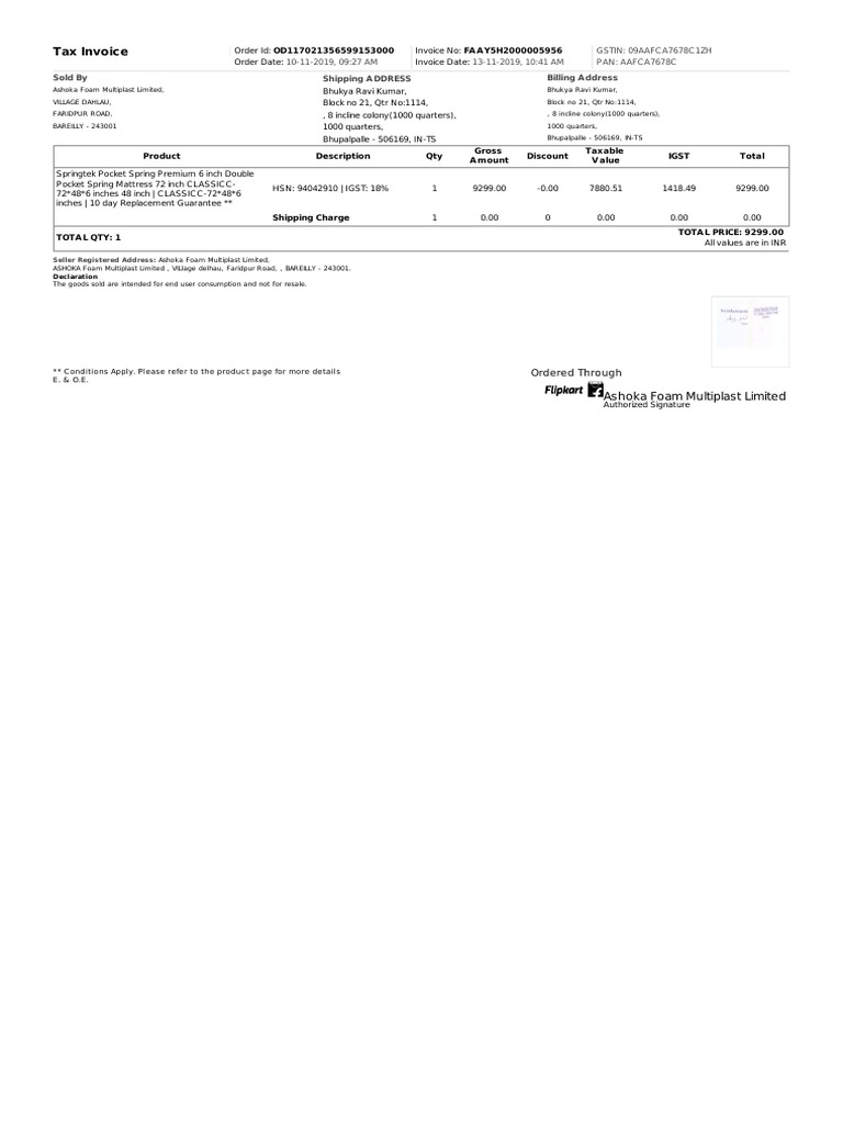 Springtek Mattress Invoice | PDF | Economies | Government Finances