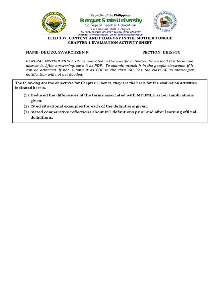 MT Chapter 1 Evaluation Activity | PDF | First Language | Tagalog Language