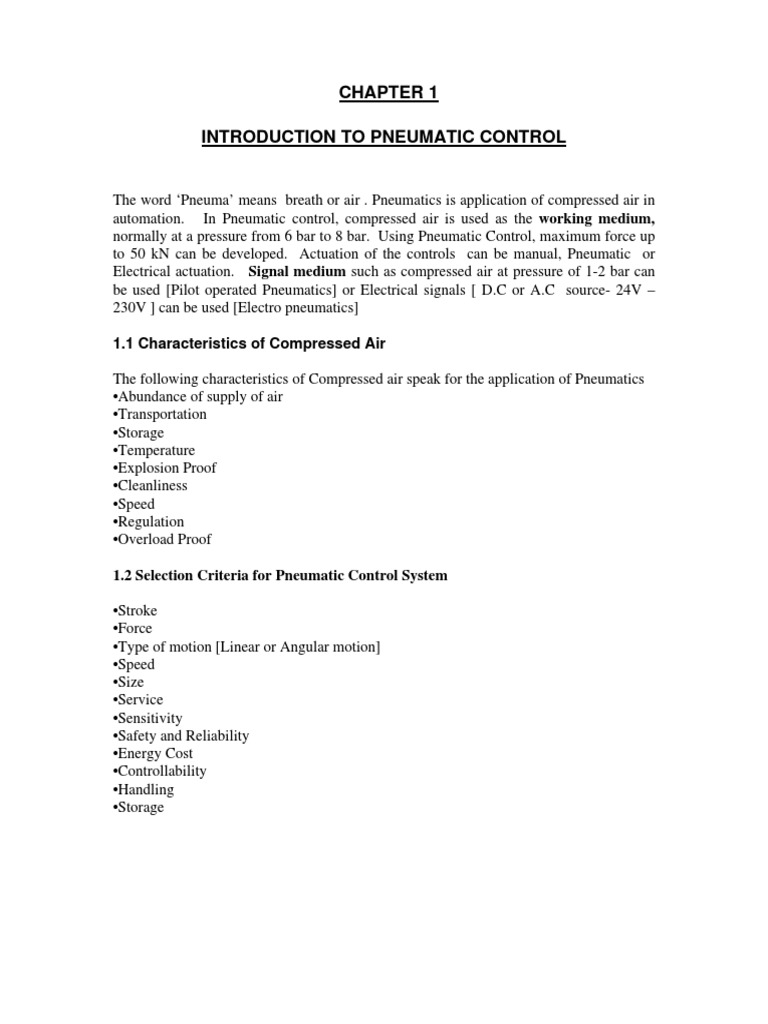 Introduction To Pneumatic Control: 1.1 Characteristics of Compressed ...