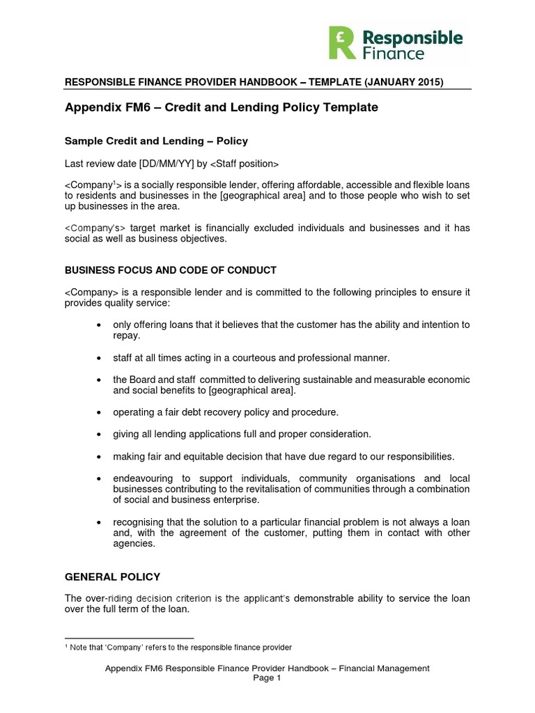 Appendix FM6 - Credit and Lending Policy Template | PDF | Loans | Interest
