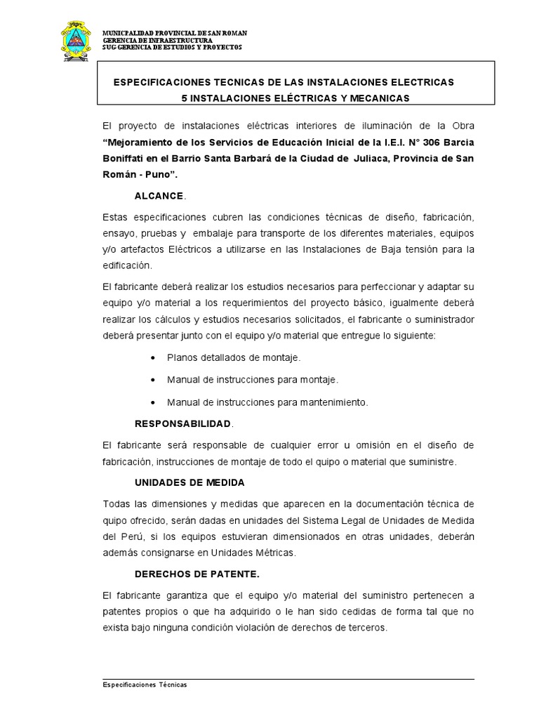 Especificaciones Tecnicas Barcia | PDF | Enchufes y tomas de corriente alterna | Corriente eléctrica