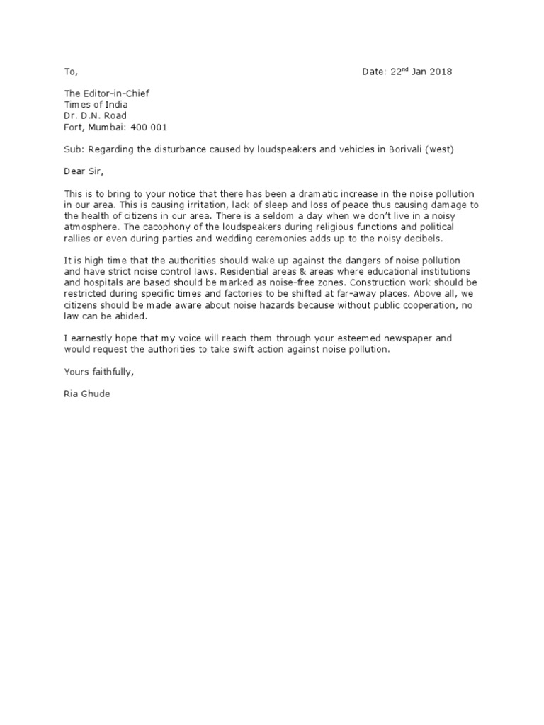 Editor Letter On Noise Pollution | PDF