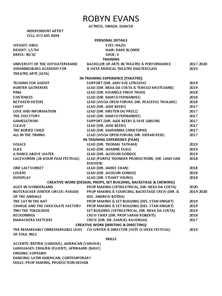 Robyn Evans - Actors CV | PDF | Theatre | Entertainment (General)